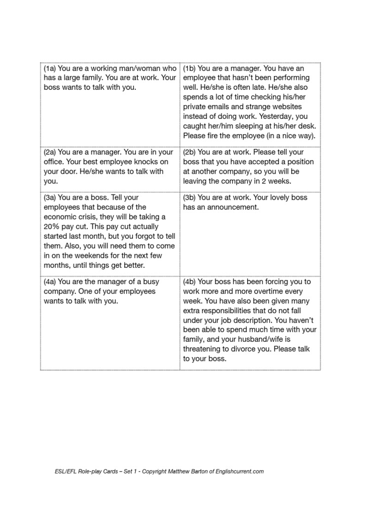 ESL Roleplay Cards Advanced Intermediate 1 | PDF