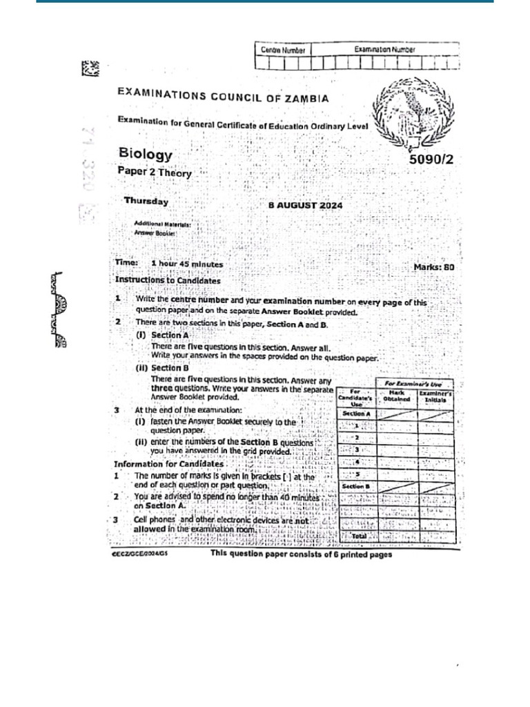 Biology Paper 2 GCE - 2024 | PDF