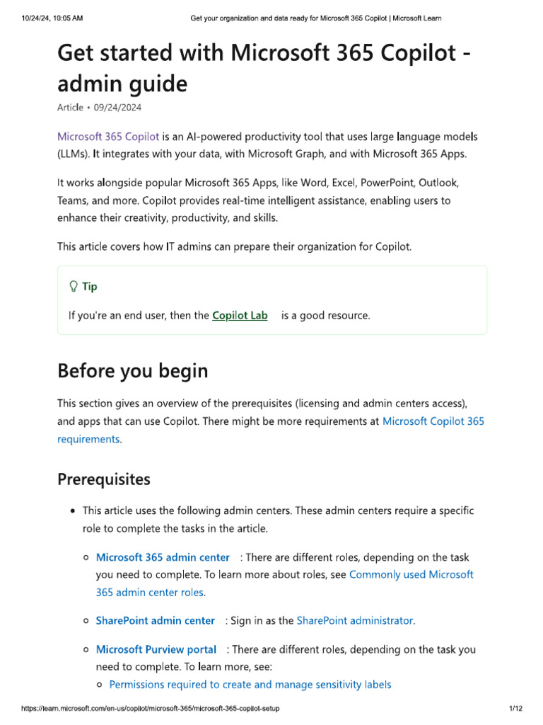 Get Started With Microsoft 365 Copilot - Admin Guide | PDF