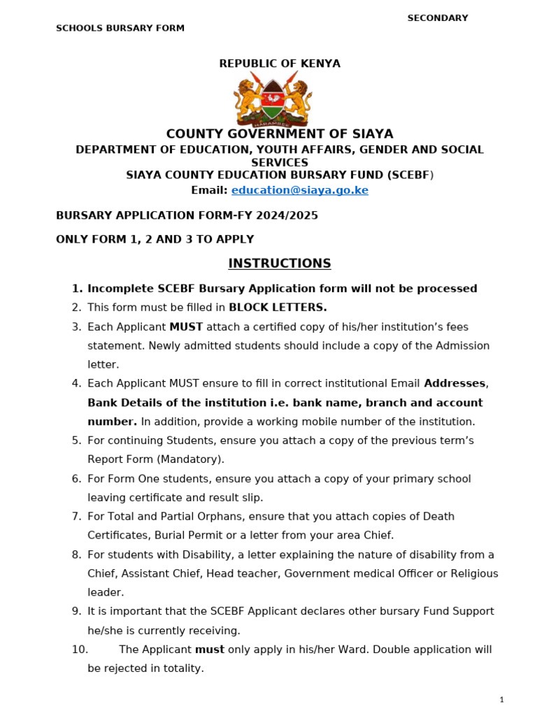 Siaya County Secondary Bursary Form 2025 | PDF | Justice | Crime & Violence