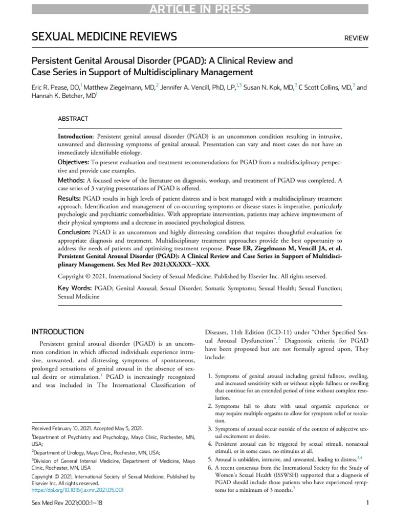 Persistent Genital Arousal Disorder (PGAD) A Clinical Review and Case ...