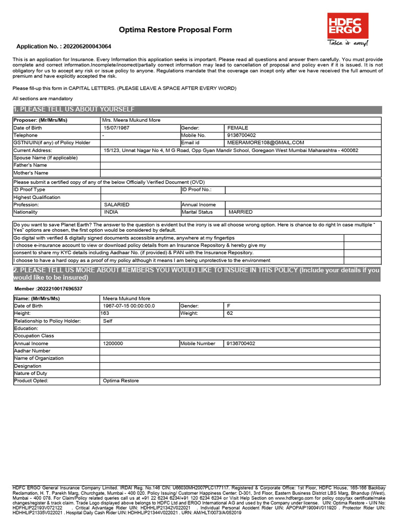 Hdfcergo Optima Restore Proposal Form | PDF | Insurance | Banks