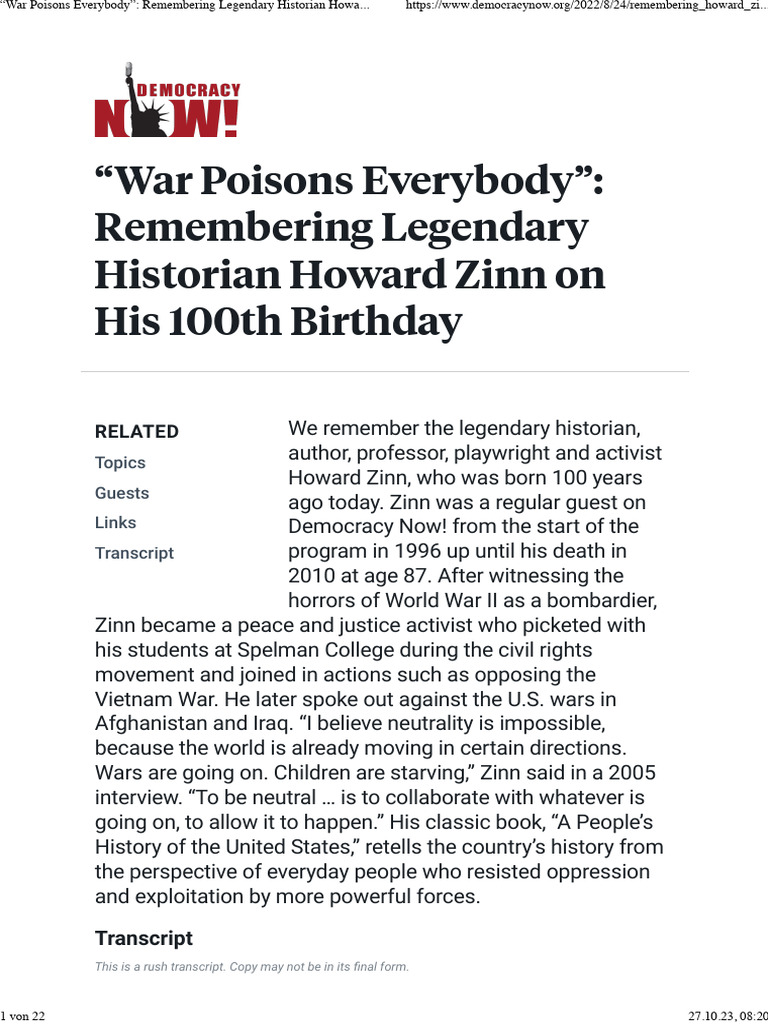 "War Poisons Everybody" Remembering Legendary Historian Howard Zinn | PDF