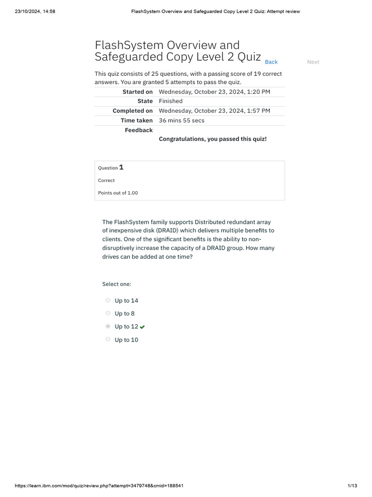 FlashSystem Overview and Safeguarded Copy Level 2 Quiz - Attempt Review | PDF | Solid State ...