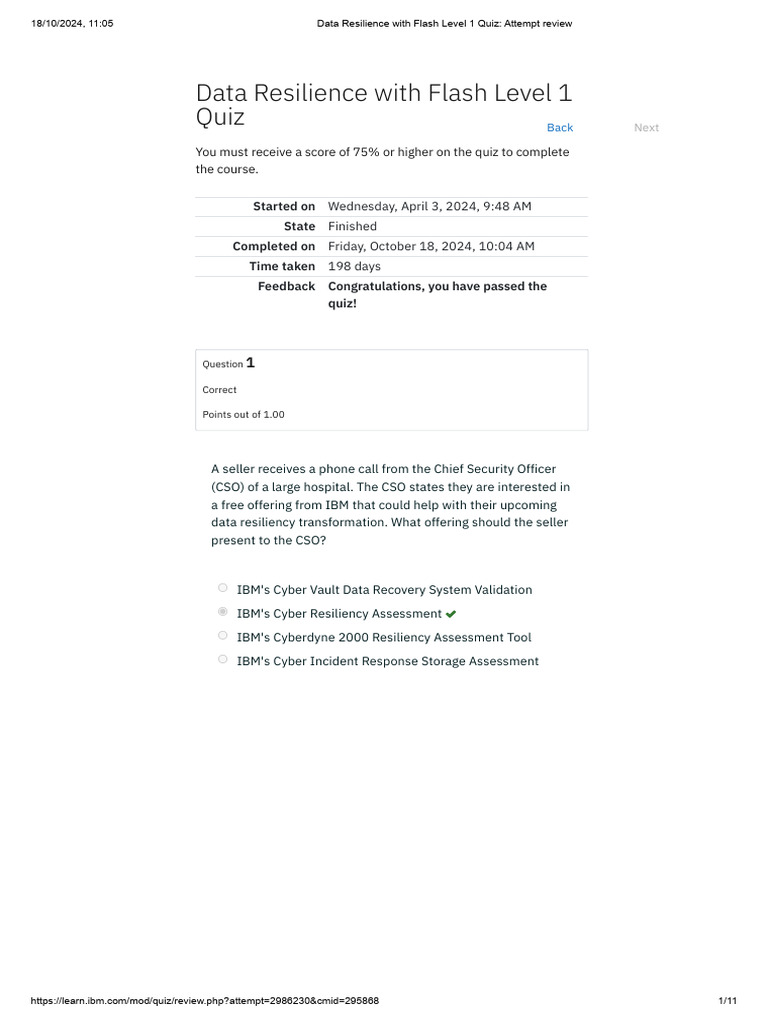 Data Resilience With Flash Level 1 Quiz - Attempt Review | PDF ...