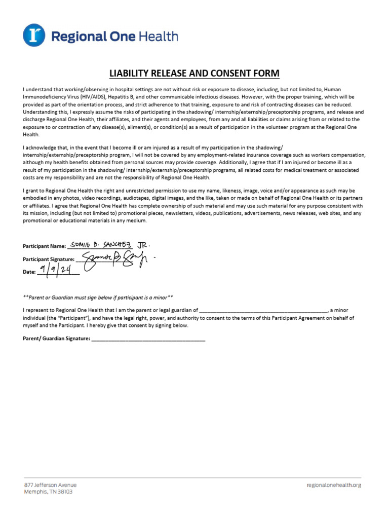 Liability Release & COncent Form - Regional One | PDF | Legal Liability ...