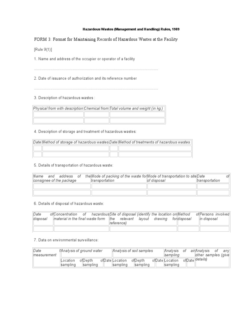 FORM 3: Format For Maintaining Records of Hazardous Wastes at The ...