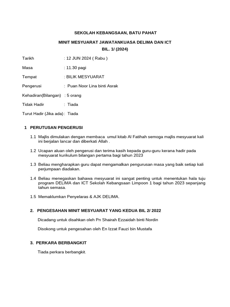 Minit Mesyuarat DELIMA Bil.1 2023 SKL1 | PDF