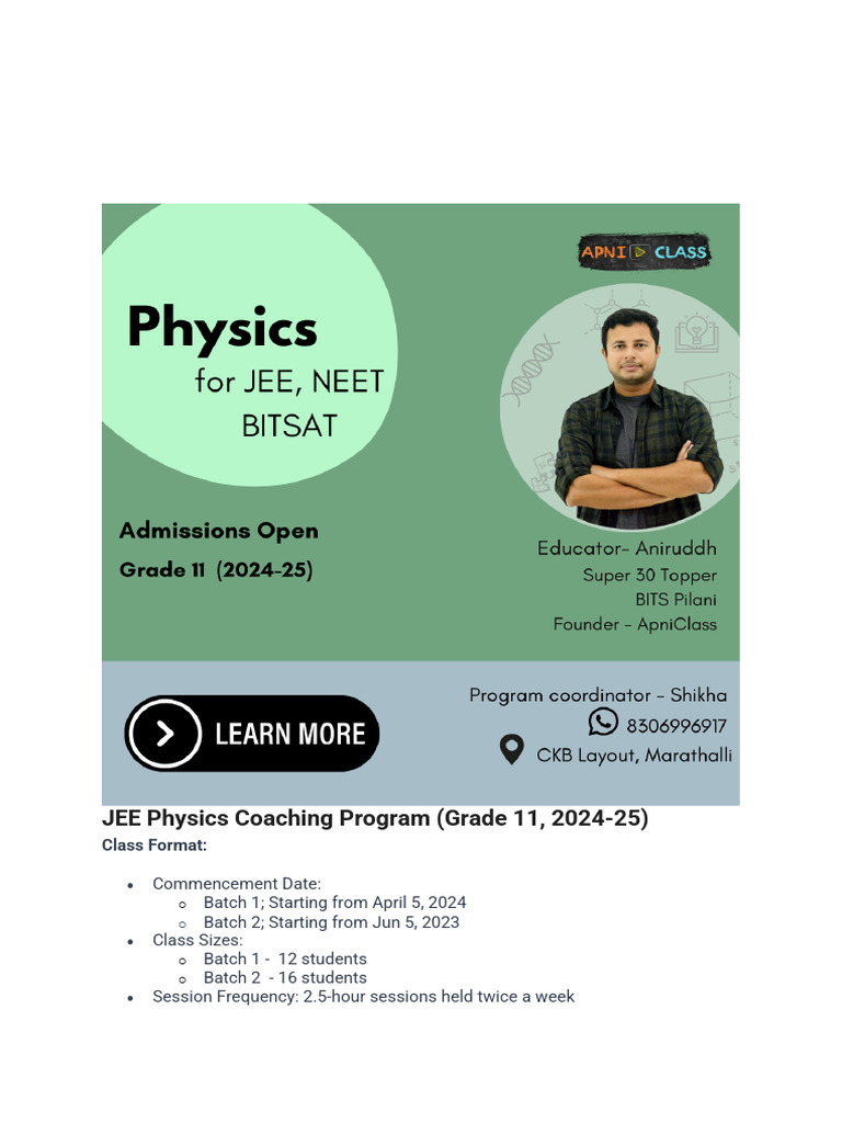 JEE Physics Coaching Program | PDF