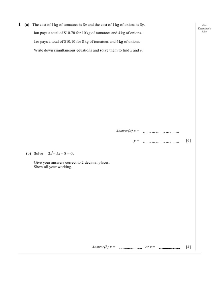 Extended Maths - 0580 - Quadratic and Simultaneous Eqn | PDF ...