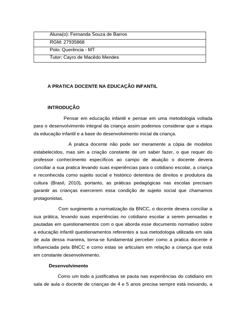 A Pratica Docente Na Educação Infantil | PDF | Pré-escola | Conhecimento