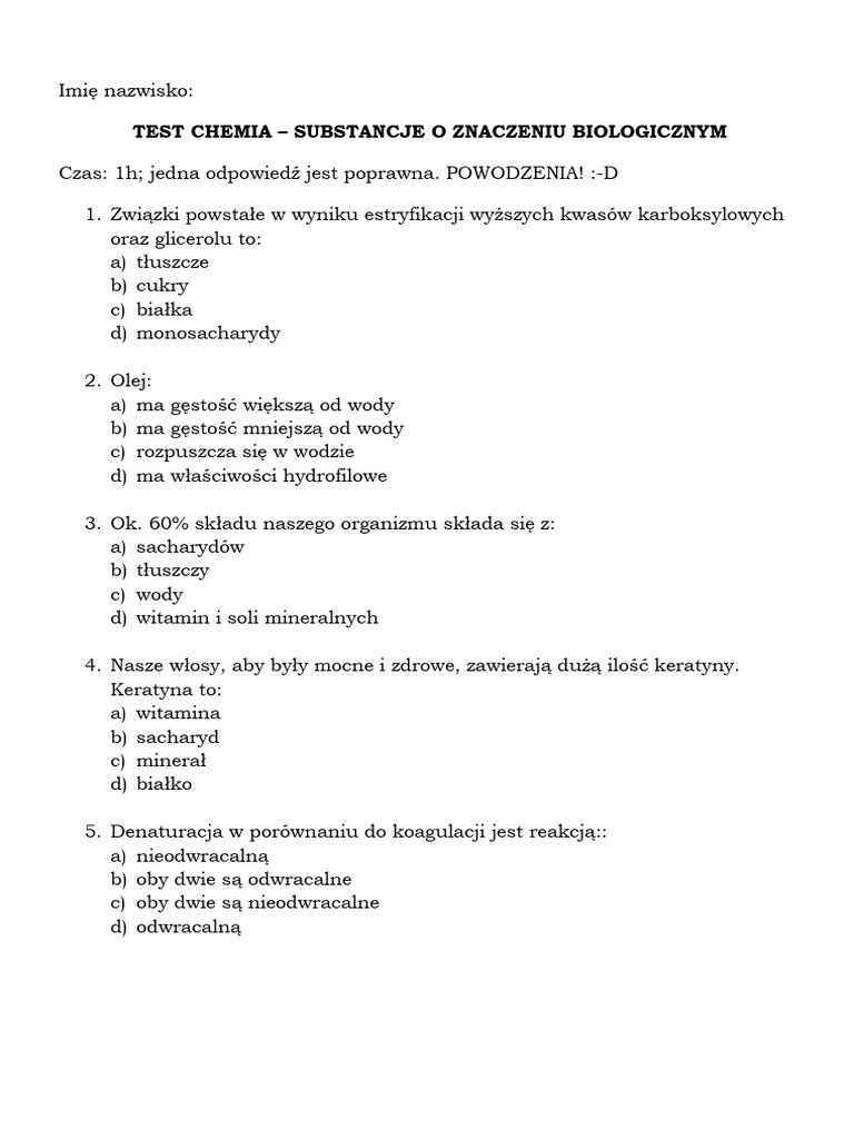 Test chemia 8 | PDF