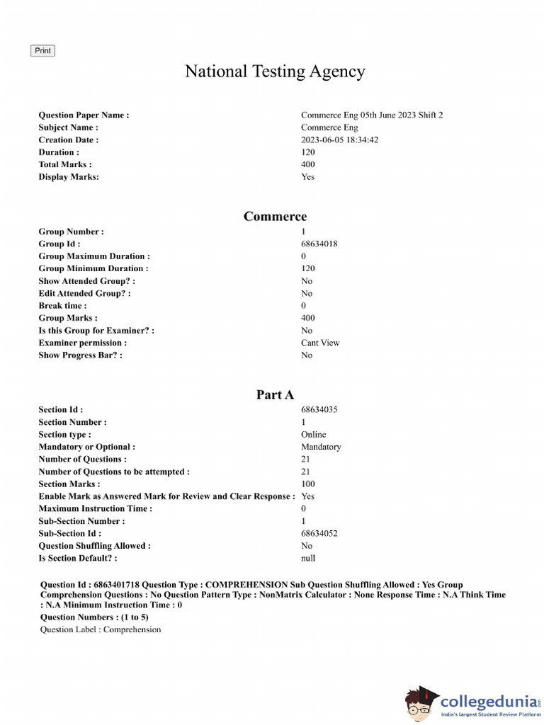 CUET PG 2023 Commerce Question Paper in English June 5 Shift 2 | PDF