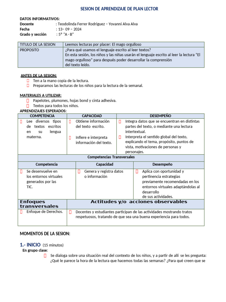 Sesion de Aprendizaje de Plan Lector | PDF | Ciencia cognitiva | Aprendizaje
