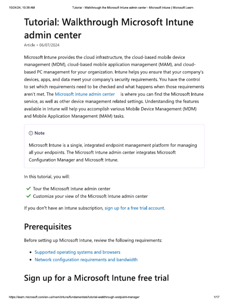 Tutorial Walkthrough Microsoft Intune Admin Center | PDF