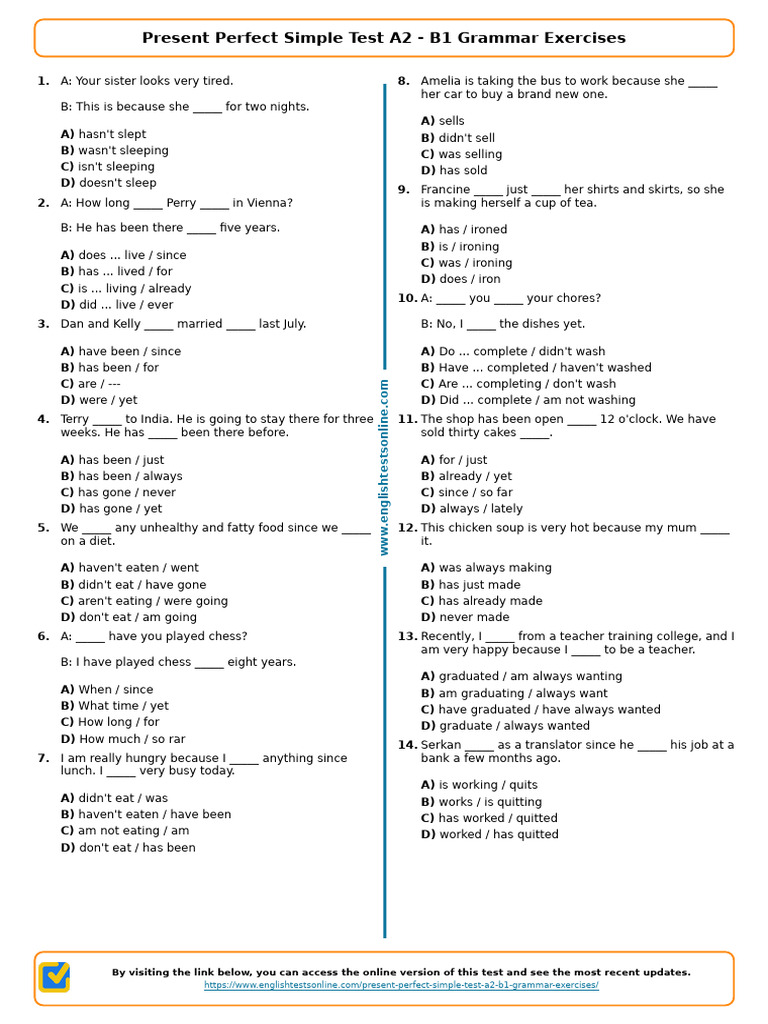 467 Present Perfect Simple Test A2 b1 Grammar Exercises | PDF