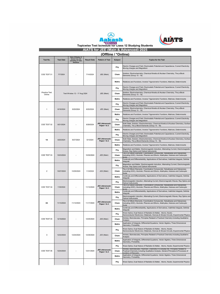 COE Test Schedule of Engineering24-25 | PDF