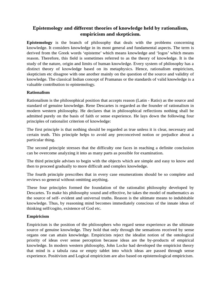 Epistemology and Different Theories of Knowledge Held by Rationalism ...