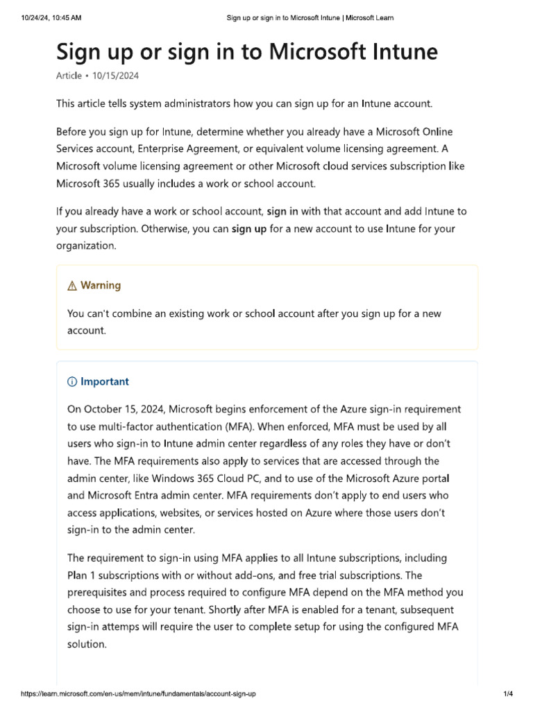 Sign Up or Sign in To Microsoft Intune | PDF