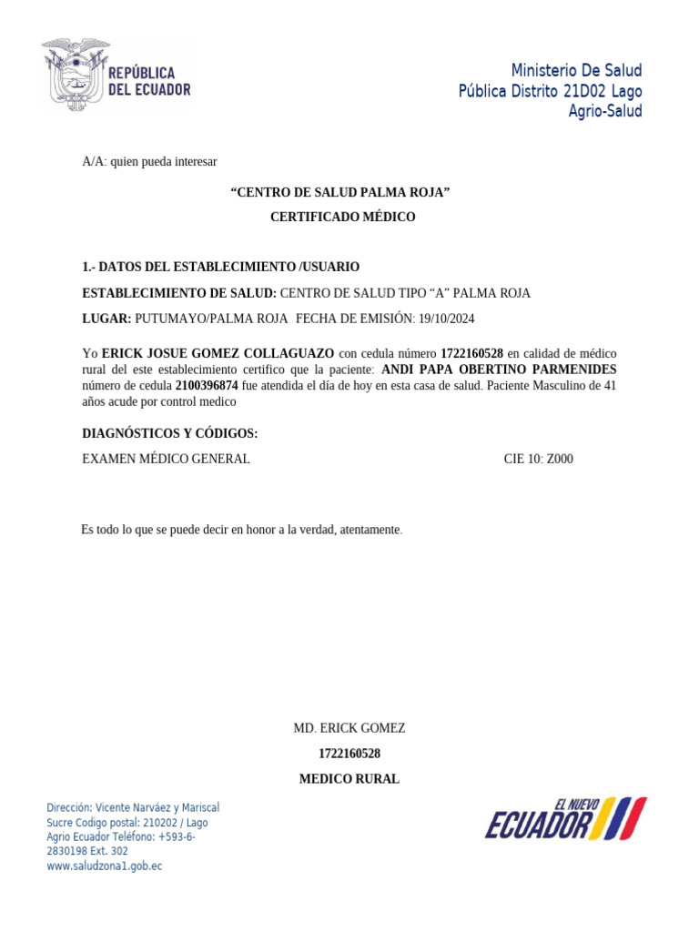Certificado Medico General Formato MSP | PDF