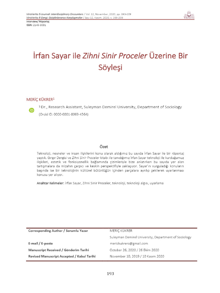İrfan Sayar Ile Zihni Sinir Proceler Üzerine Bir Söyleşi | PDF