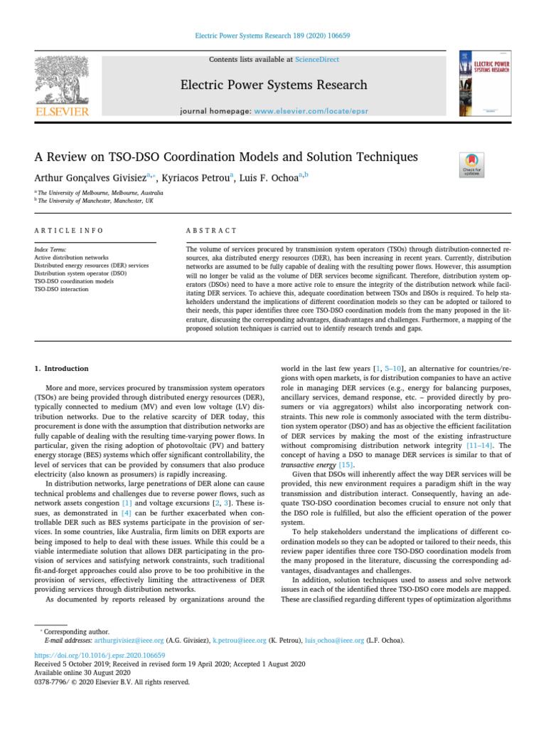A Review On TSO-DSO Coordination Models and Solution Techniques | PDF ...
