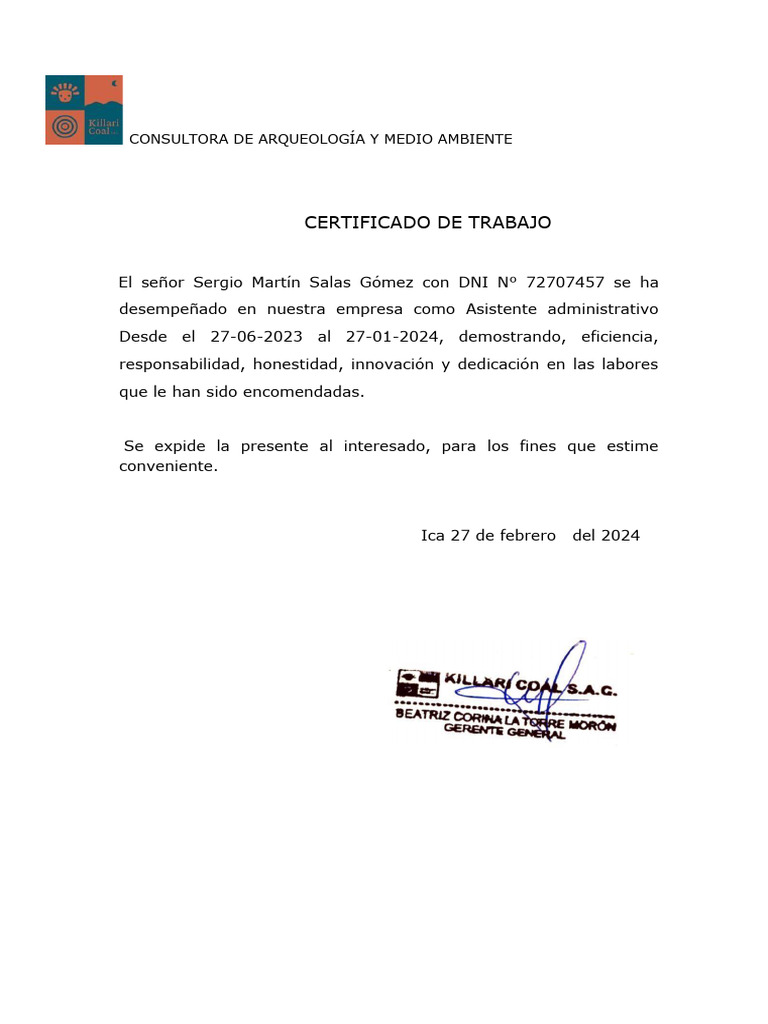 Certificado Trabajo Sergio | PDF