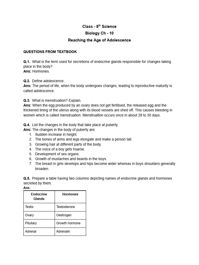 8th Sc Ch 10 Reaching The Age Of Adolescence Pdf Hormone