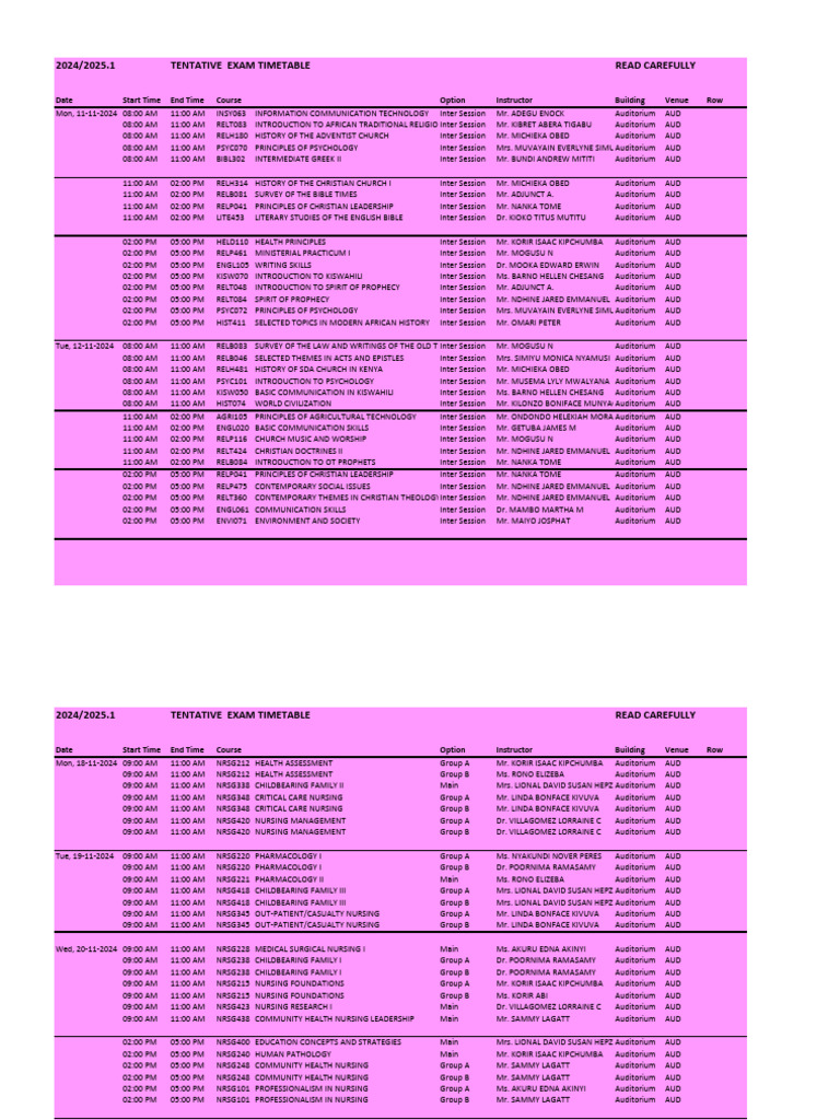 2024/2025 Tentative Exam Timetable | PDF
