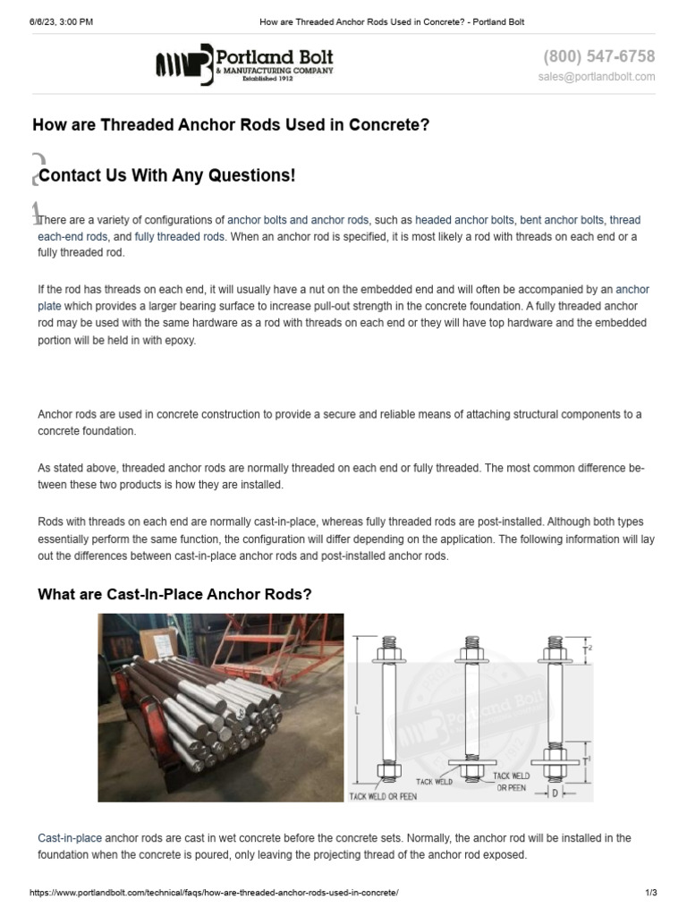 How Are Threaded Anchor Rods Used in Concrete - Portland Bolt | PDF ...