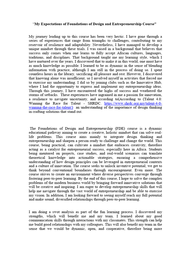 My Expectations of Foundations of Design and Entr | PDF | Entrepreneurship | Mindset