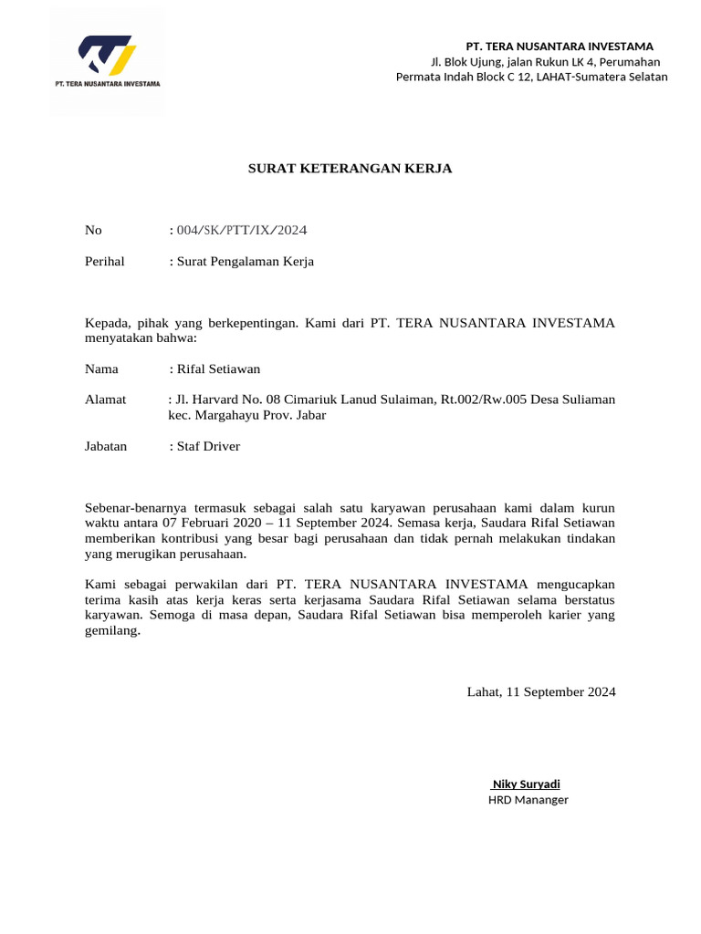 Contoh Surat Keterangan Kerja | PDF
