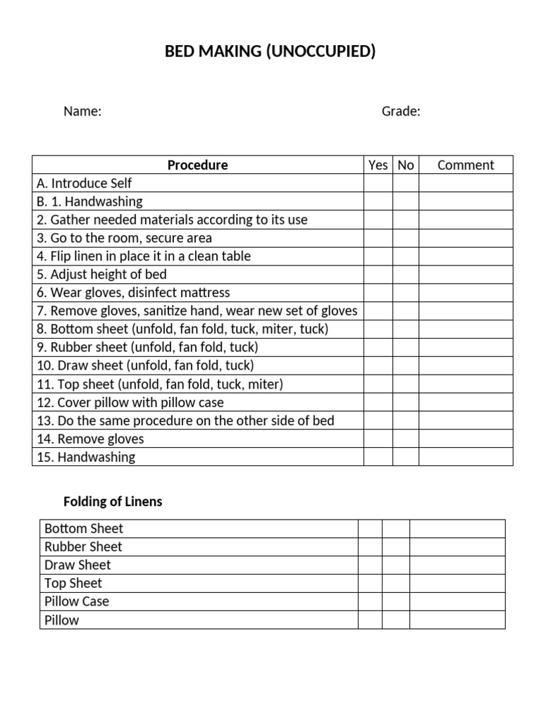 BED MAKING (Unoccupied) Checklist With Q&A | PDF | Science & Mathematics