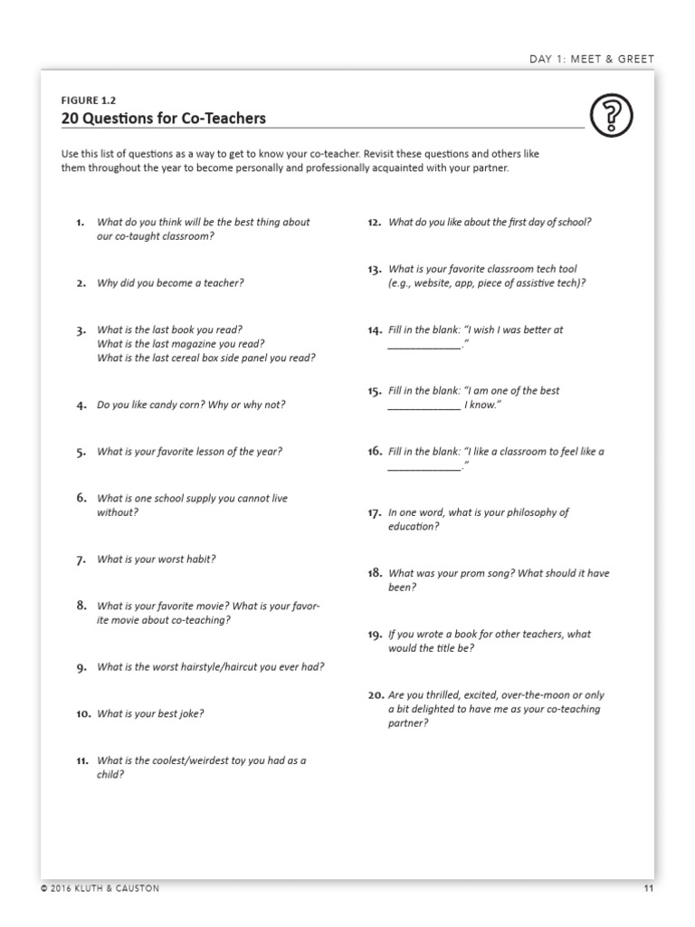 Day 1 20 Questions For Co Teachers | PDF | Wellness