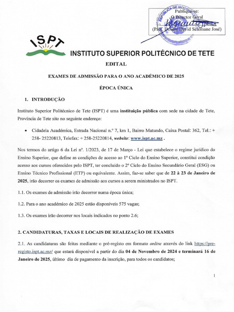 Ispt - Edital de Exames de Admissao - 2025 | PDF