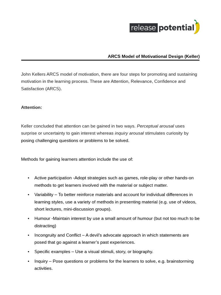 ARCS Model of Motivation Handout | PDF | Learning | Motivational