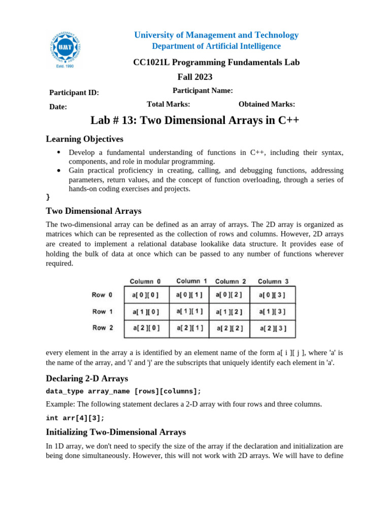 Lab # 13 Two Dimentional Arrays in C++ | PDF | C++ | Namespace
