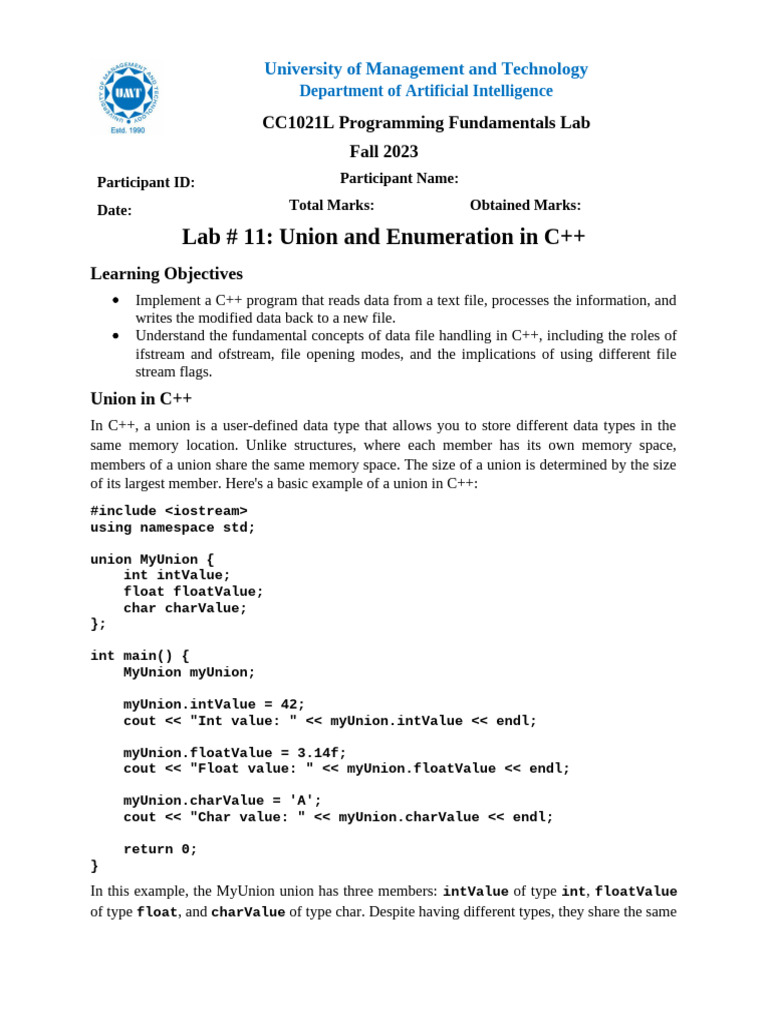 Lab # 12 Union and Enumeration in C++ | PDF | C++ | Computer Data