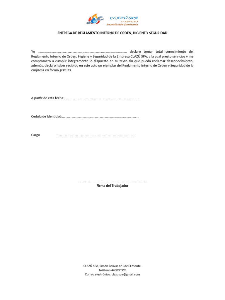 ENTREGA DE REGLAMENTO INTERNO | PDF