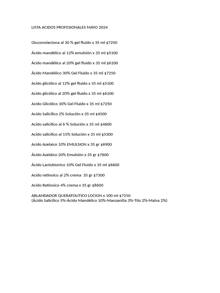 Lista Acidos Profesionales Junio 2024 | PDF | Cocina, comidas y vino