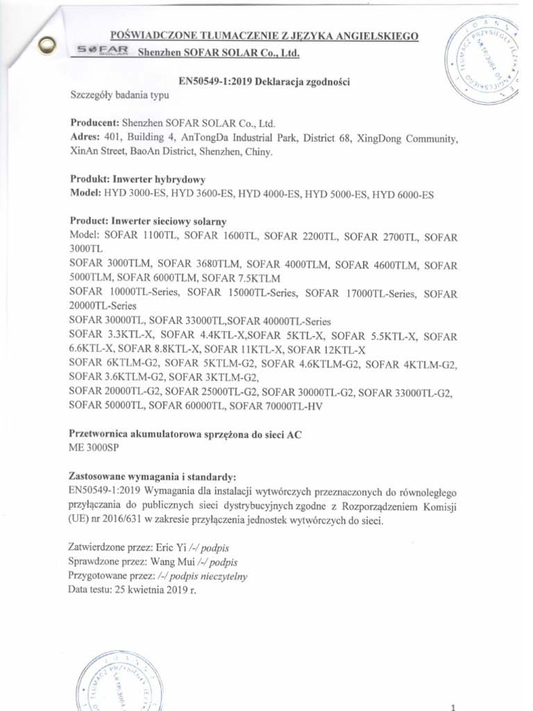 Deklaracja NC RFG SOFAR | PDF