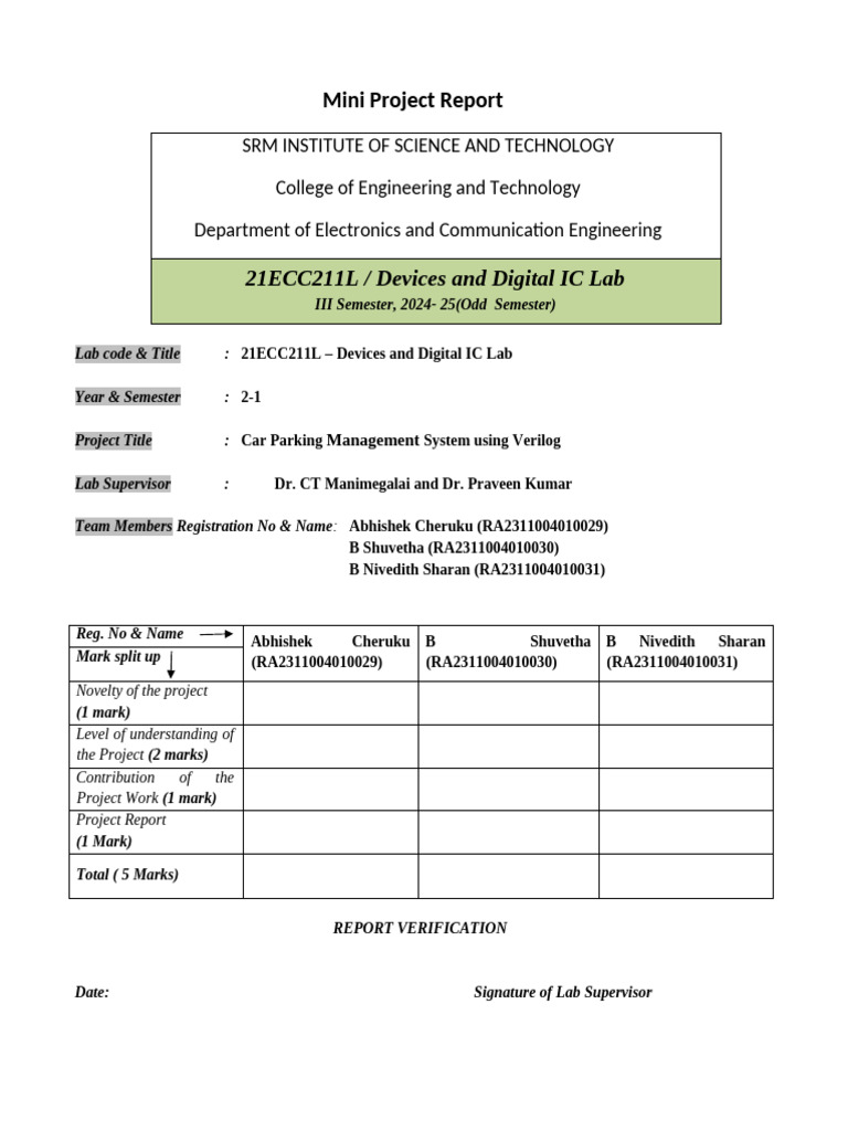 Devices and digital IC Lab Mini project Report | PDF | Hardware ...