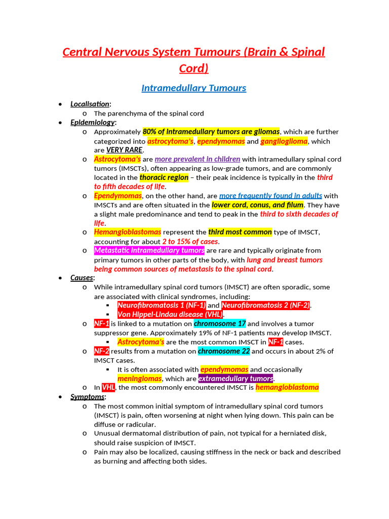(DONE) Central Nervous System Tumours (Brain & Spinal Cord) | PDF | Brain Tumor | Neurological ...