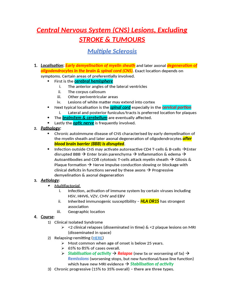Multiple Sclerosis: CNS Lesions Guide | PDF | Epilepsy | Multiple Sclerosis