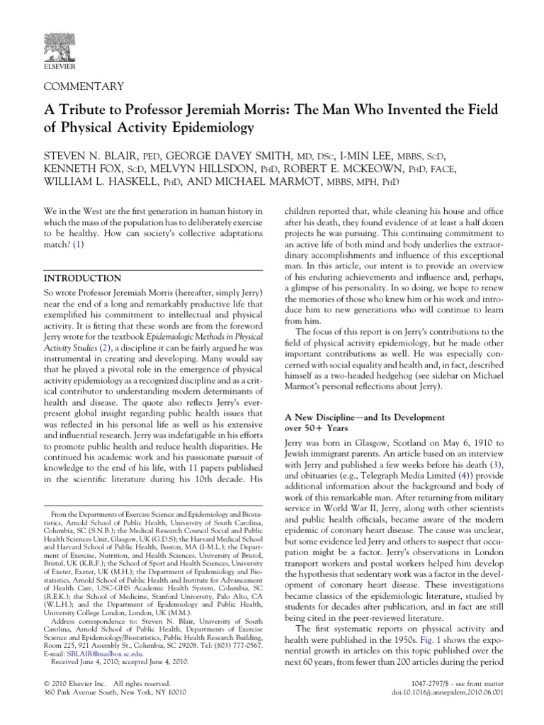 Physical Activity Epidemiology - A Tribute To Professor Jeremiah Morris ...