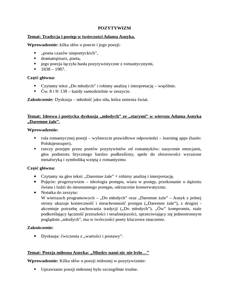 Adam Asnyk - Do Młodych I Daremne Żale - Orzeszkowa | PDF