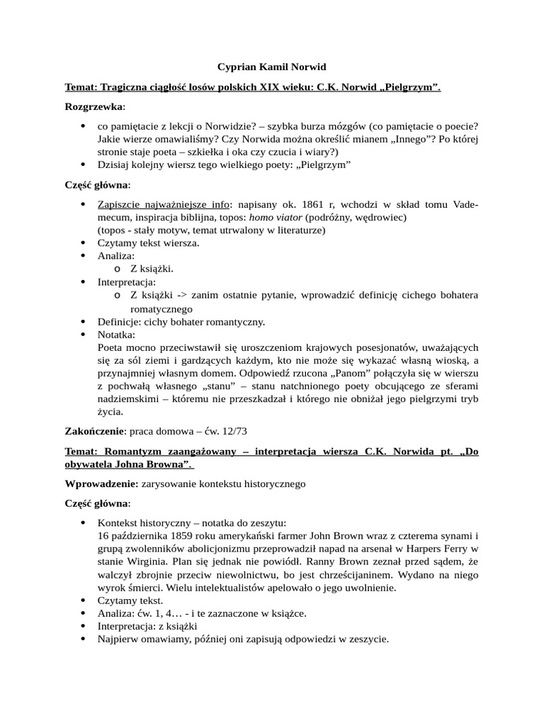 Norwid - Wiersze - Scenariusz Lekcji | PDF