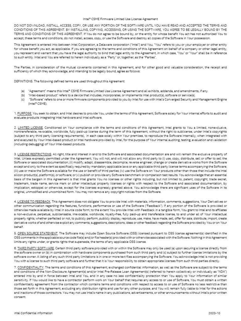 OBL - Intel CSME Firmware Limited Use License | PDF | License | Non Disclosure Agreement