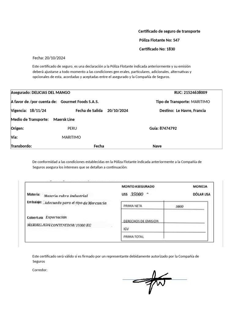 CERTIFICADO DE SEGURO DE TRANSPORTE | PDF