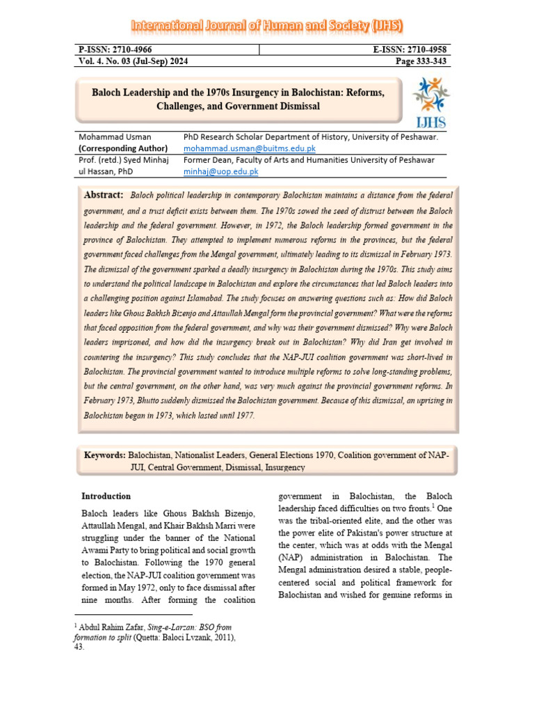 Article-Mohammad Usman, Baloch Leadership and The 1970s Insurgency in ...